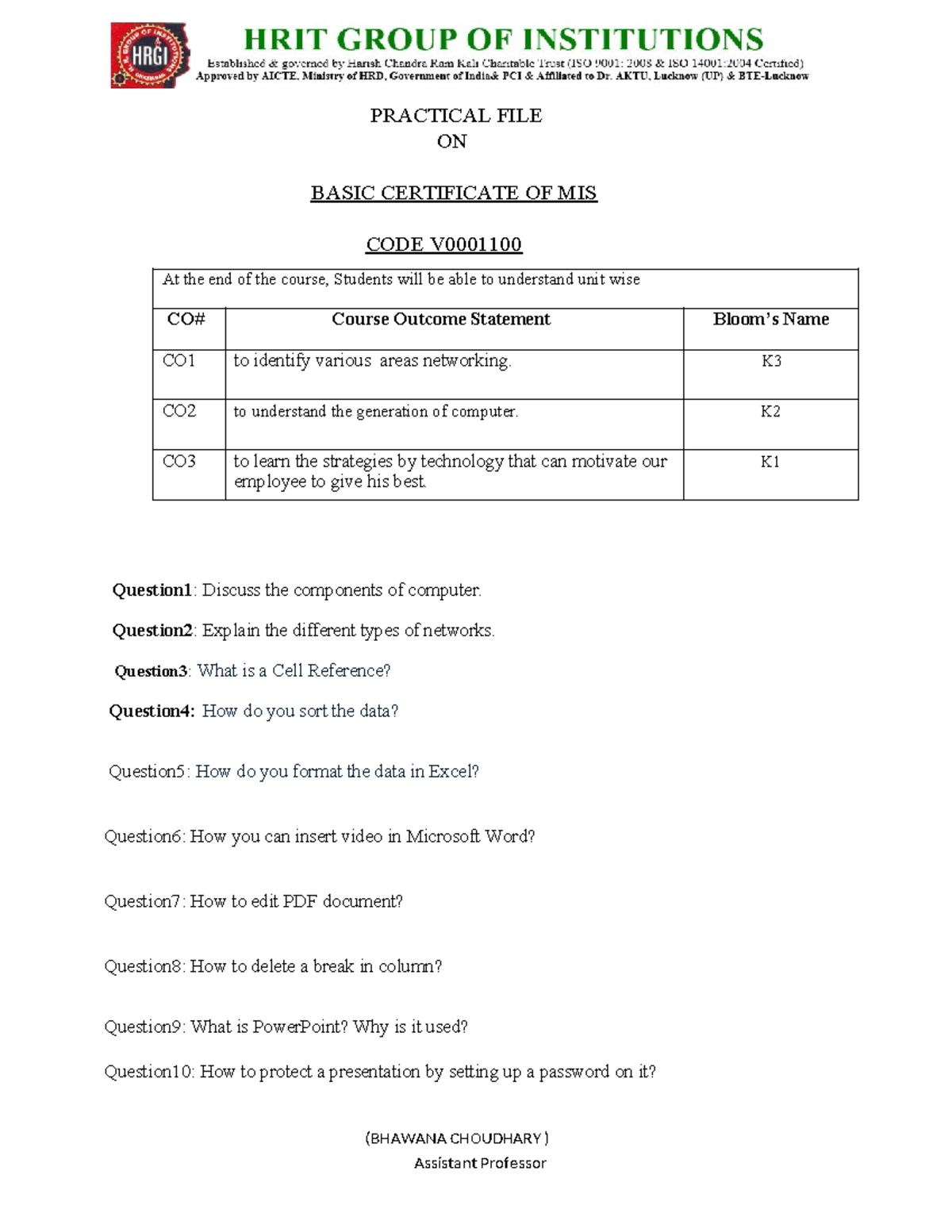 Practical file of MIS - file - PRACTICAL FILE ON BASIC CERTIFICATE OF ...
