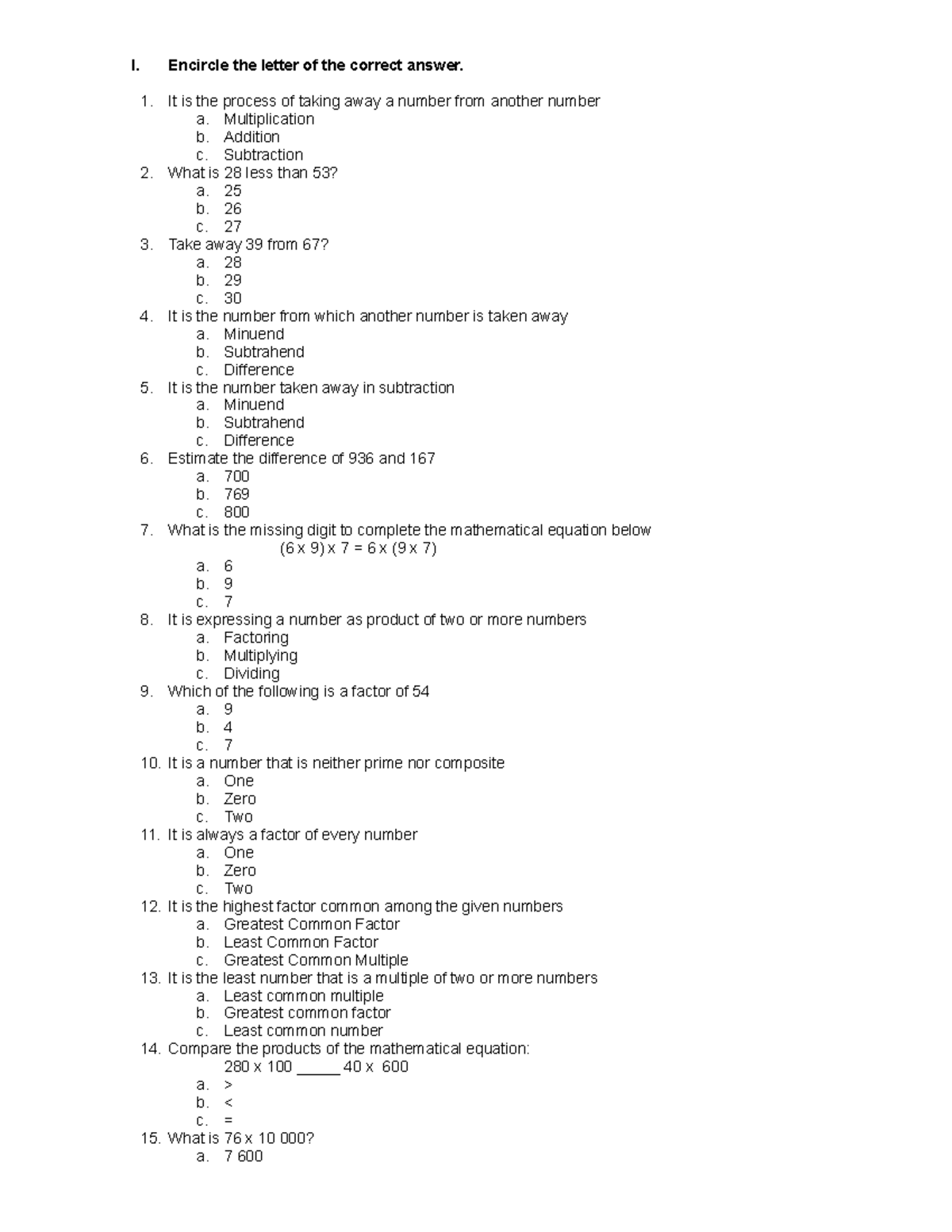 Grade 3 Math Reviewer - I. Encircle the letter of the correct answer. 1 ...