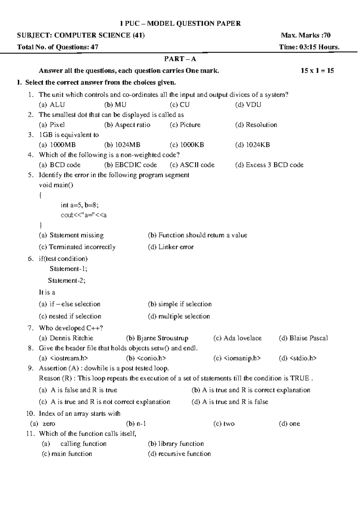 41. Computer Science Model QP I PUC 2023-24 - I PUC – MODEL QUESTION PAPER SUBJECT: COMPUTER ...