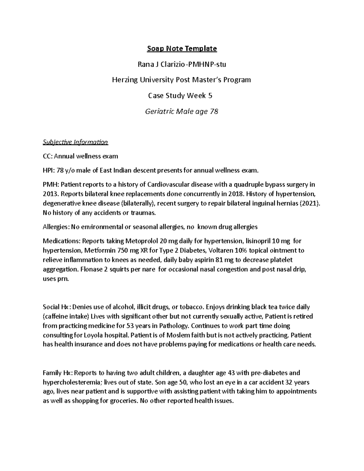 NU 610 Week 5 Case study - Soap Note Template Rana J Clarizio-PMHNP-stu ...