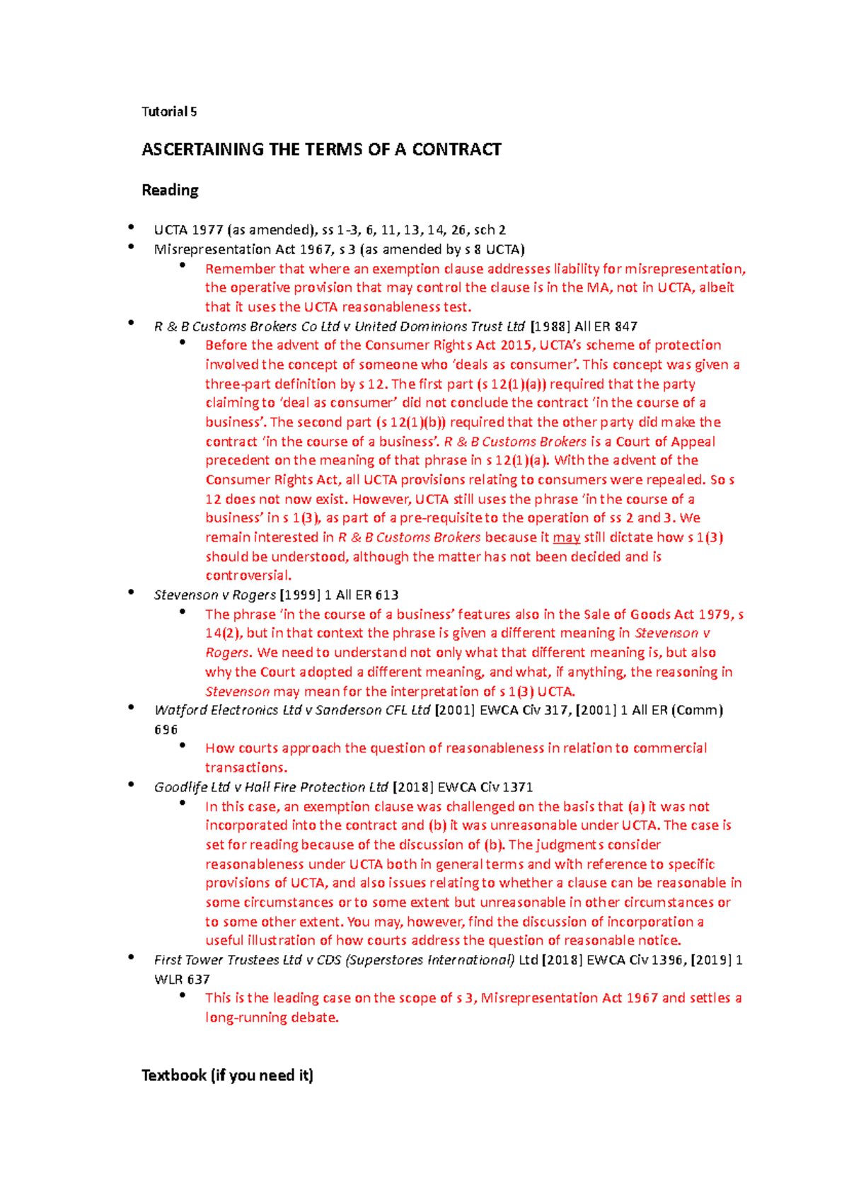 Tutorial 4 - Tutorial 5 ASCERTAINING THE TERMS OF A CONTRACT Reading UCTA 1977 (as amended), ss ...