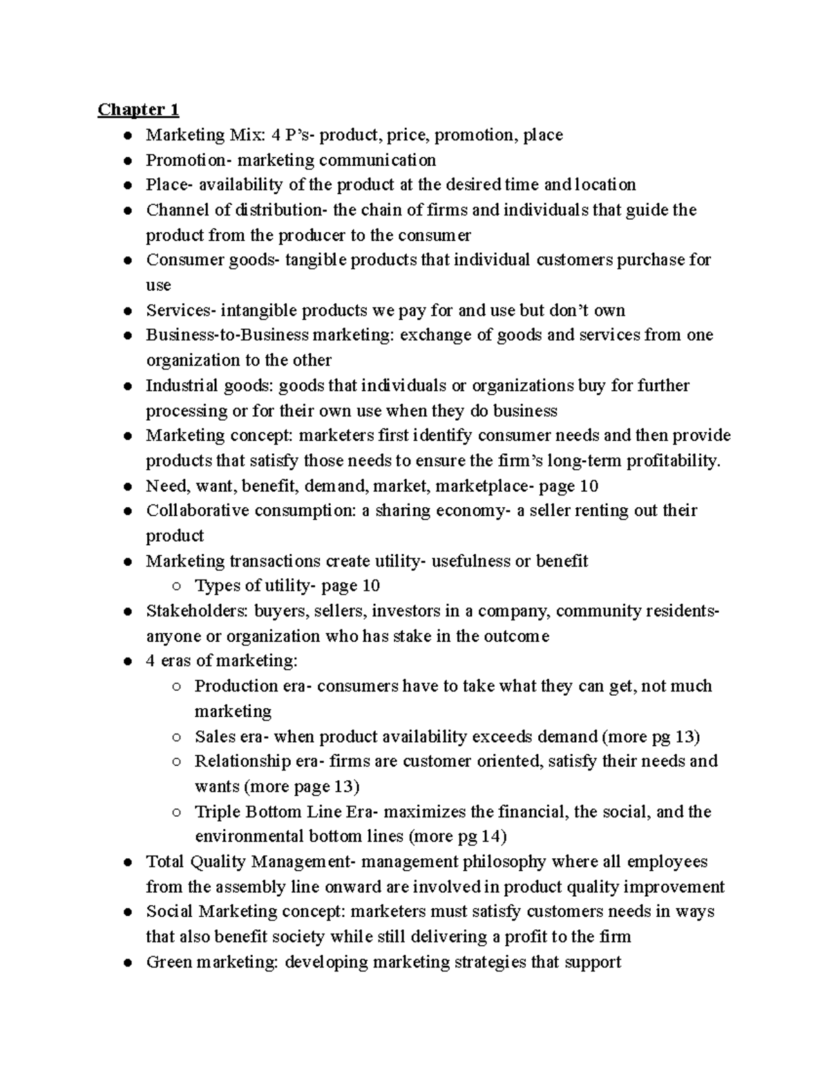 Marketing Notes - Chapter 1 Marketing Mix: 4 P’s- product, price ...
