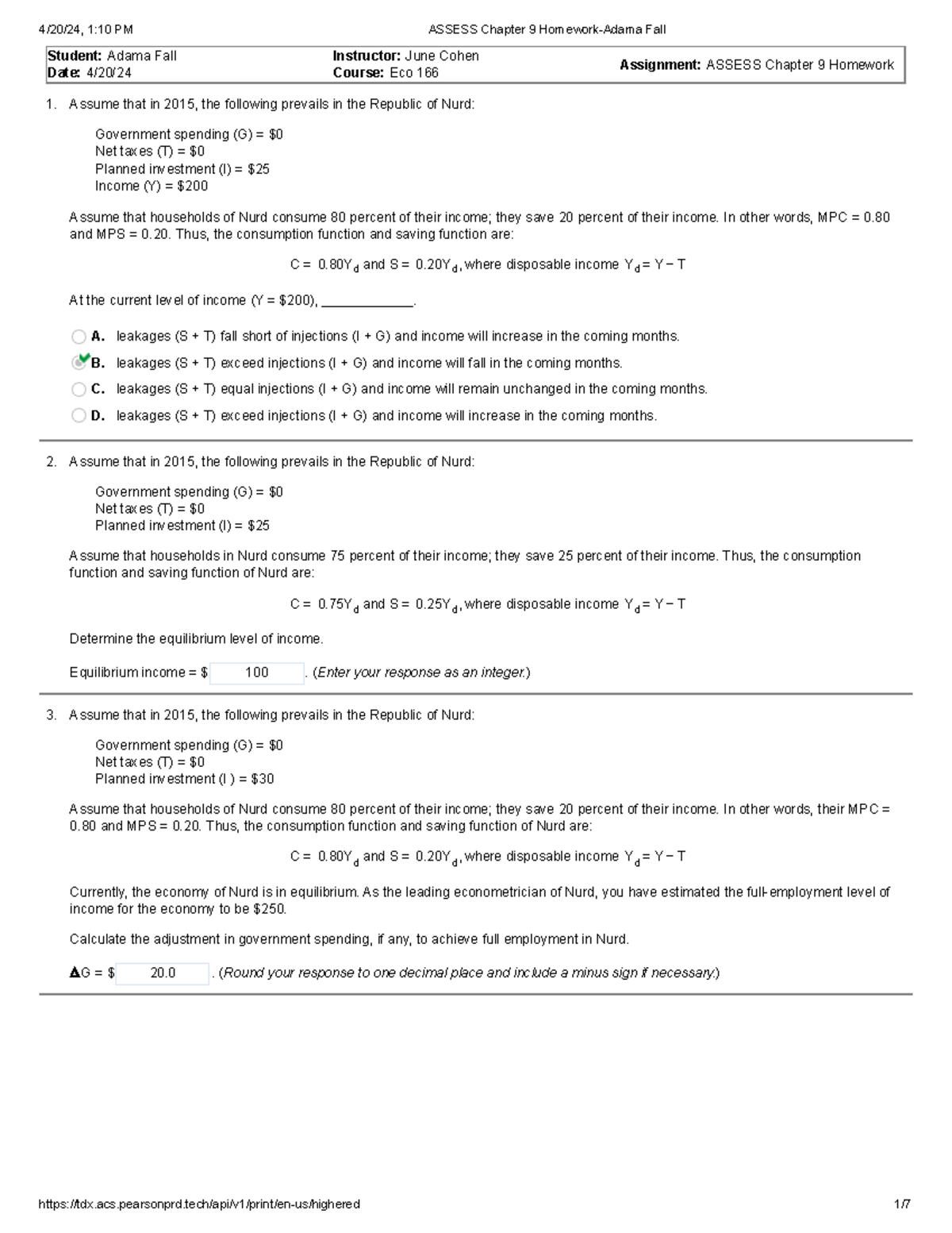 Assess Chapter 9 Homework-AF - 1. 2. 3. Student: Adama Fall Date: 4/20 ...