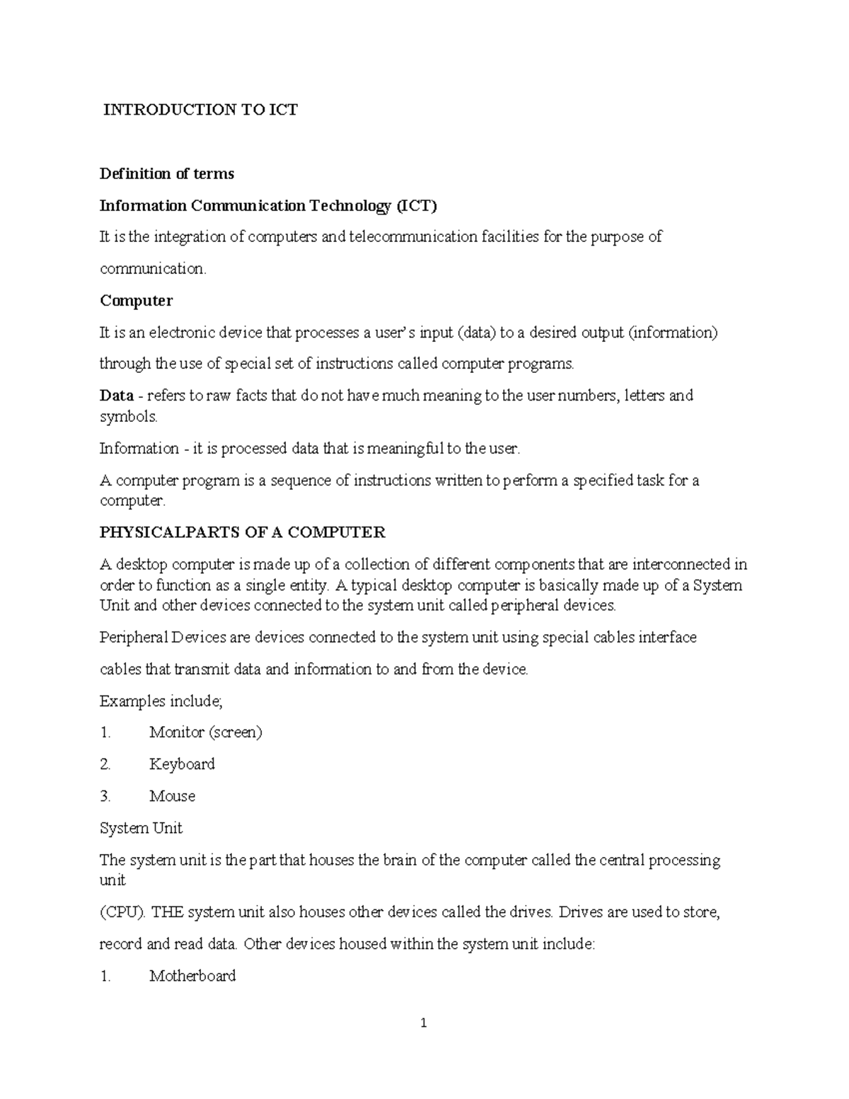 1 Introduction To Ict Information Communication Lecture Notes Introduction To Ict