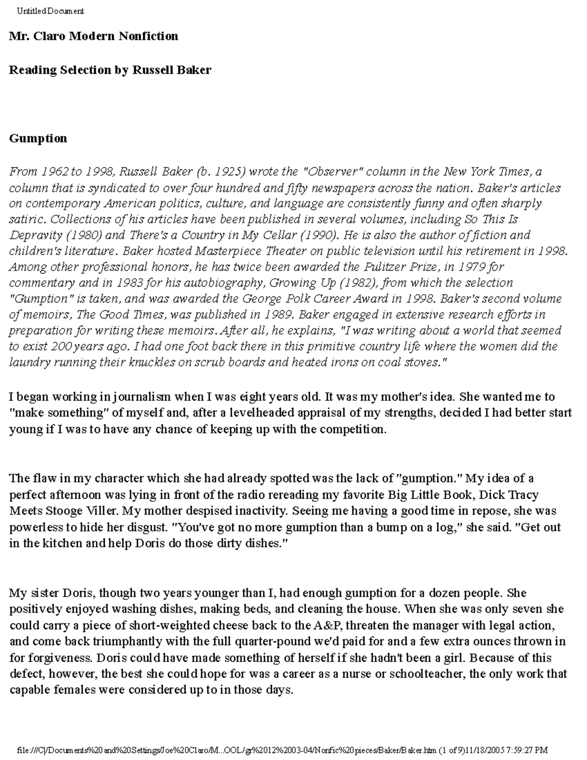 Baker and His Family - Mr. Claro Modern Nonfiction Reading Selection by ...