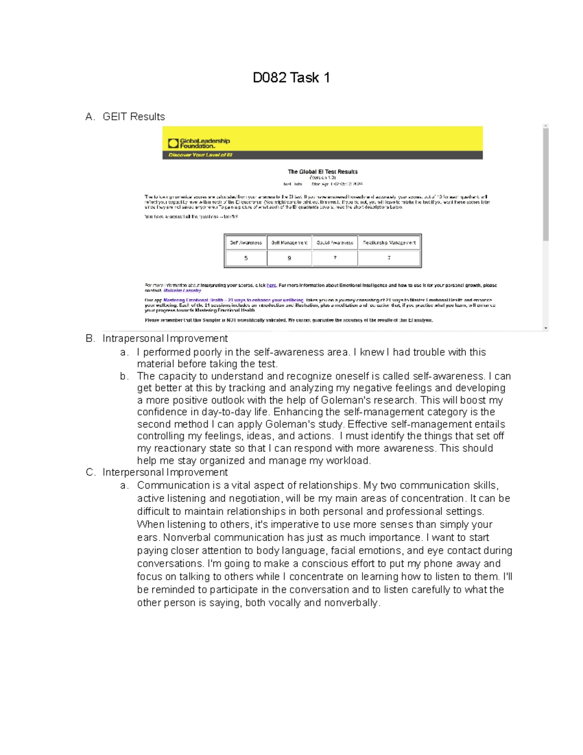 D082 Task 1 - D082 Task 1 A. GEIT Results B. Intrapersonal Improvement ...