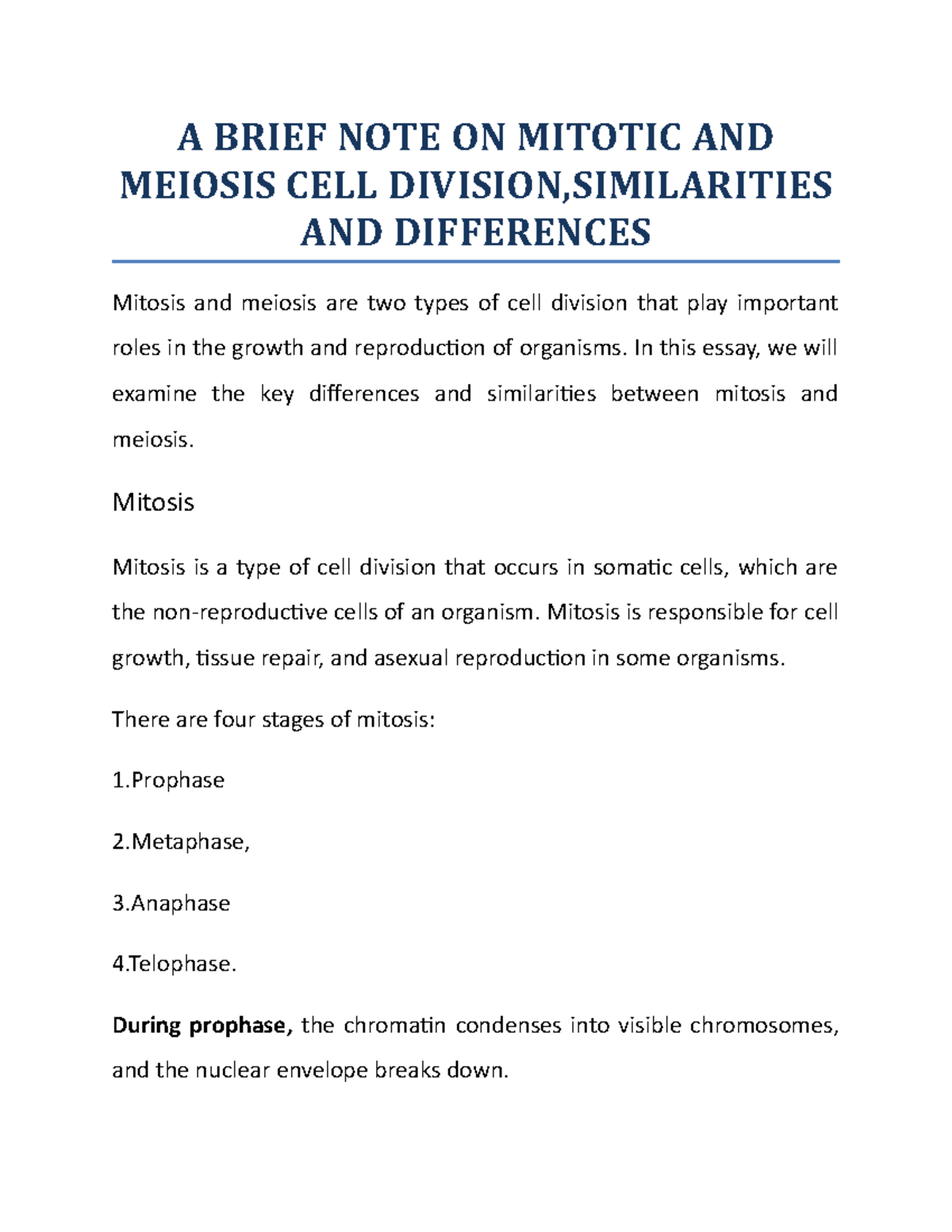A Brief NOTE ON Mitotic AND Meiosis CELL Division - A BRIEF NOTE ON ...