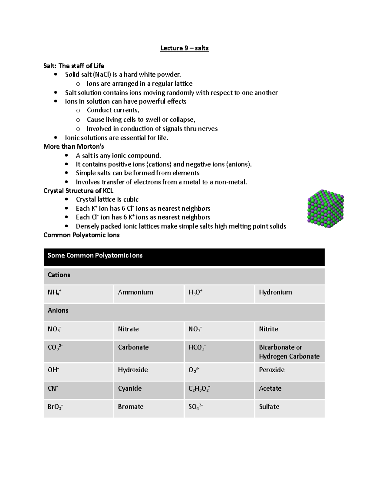 Chem notes for final - Lecture 9 – salts Salt: The staff of Life Solid ...