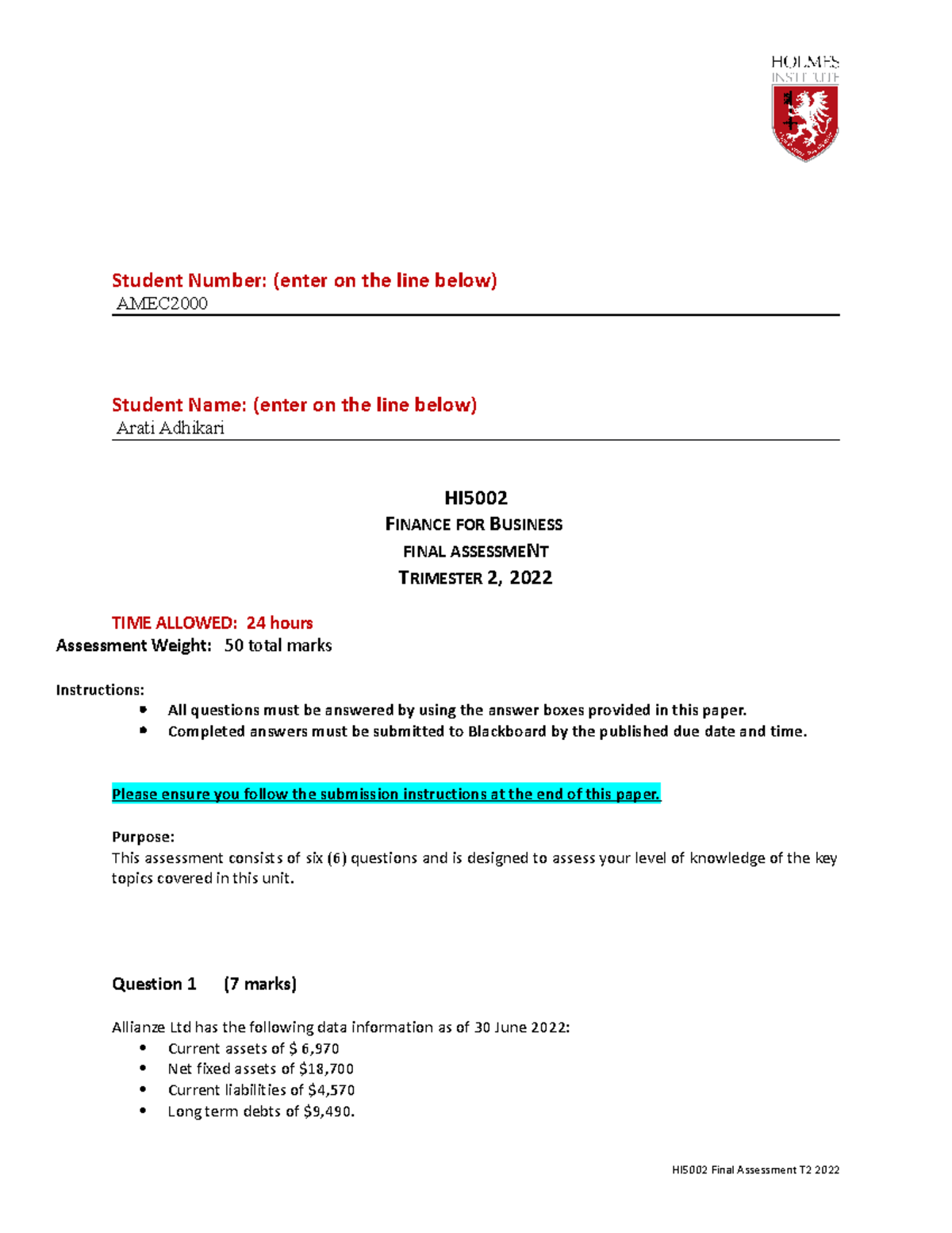 HI5002 Final Assessment T2 2022 v2 copy Finance - Student Number ...