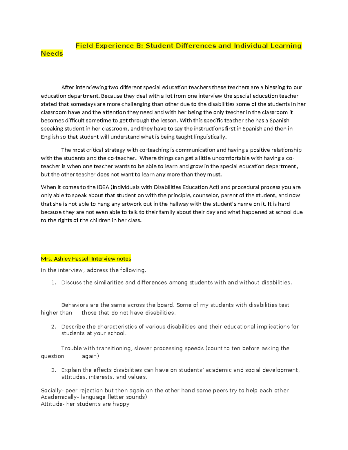 Field Experience B Student Differences and Individual Learning Needs ...