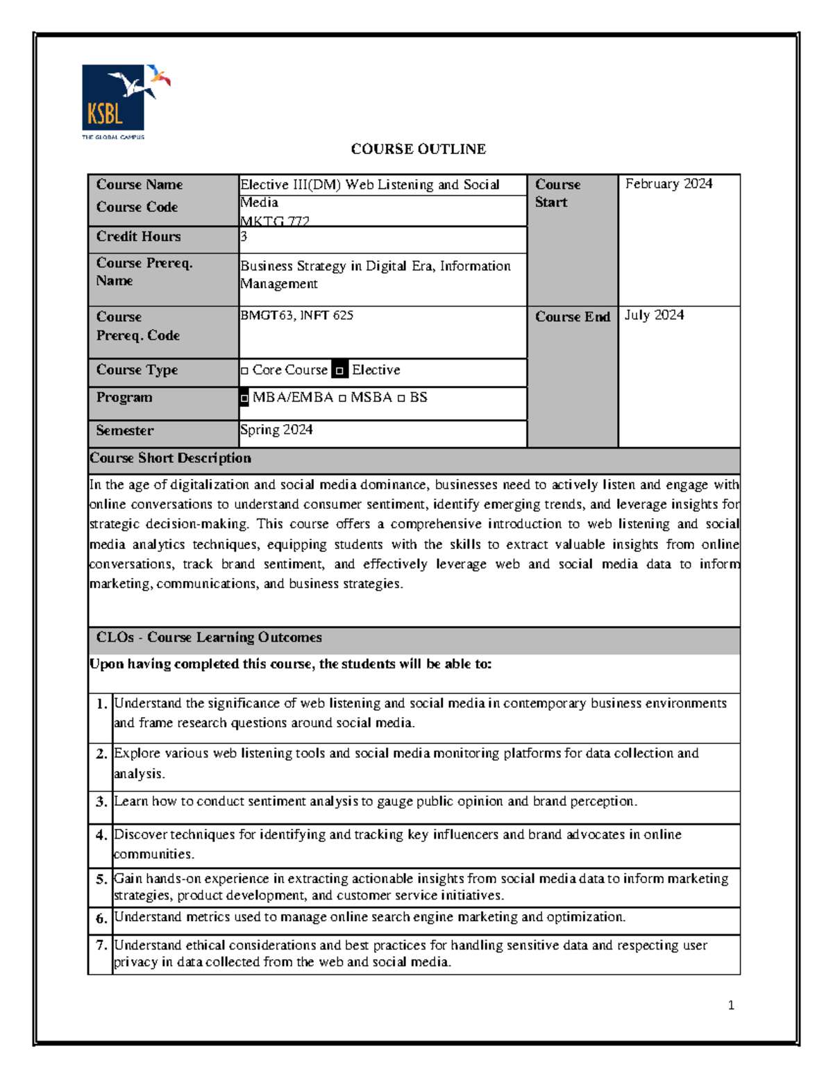 Web Listening and Social Media Course outline - COURSE OUTLINE Course ...