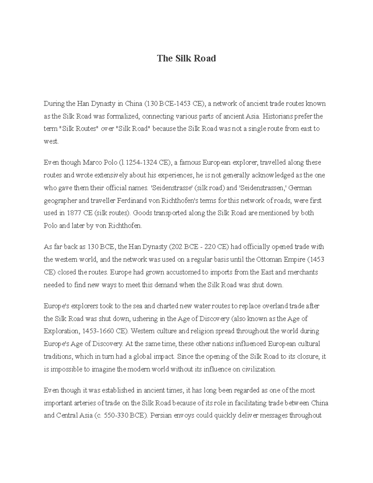 The Silk Road - Lecture notes 1 - The Silk Road During the Han Dynasty ...