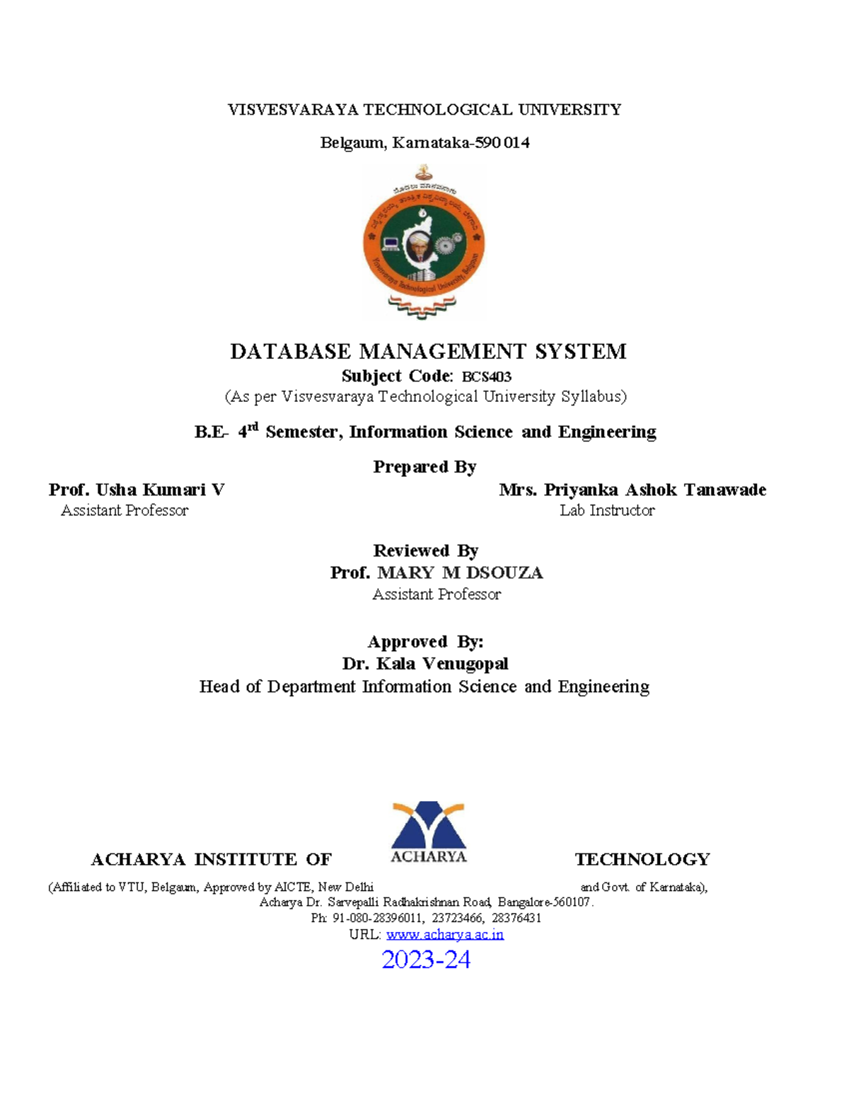 745502605-Bcs403-Dbms-Lab-Manual - VISVESVARAYA TECHNOLOGICAL ...