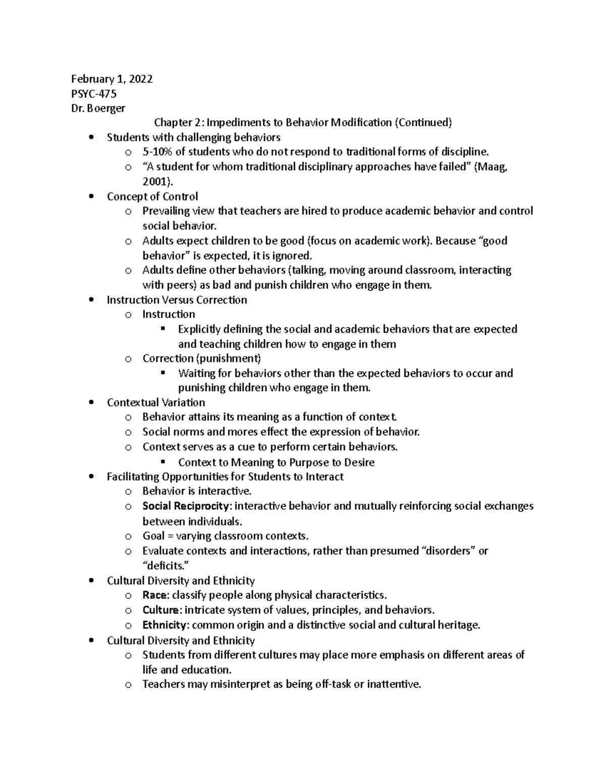 PSYC-475 Chapter 2: Impediments to Behavior Modification Continued ...