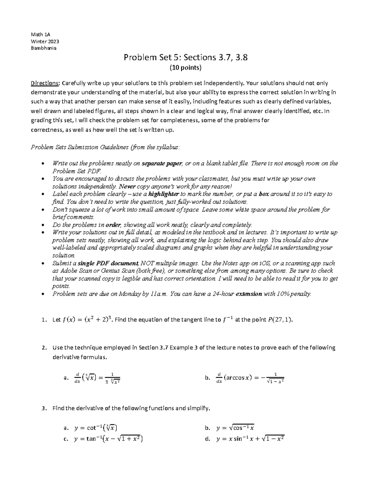 Math 1A PS5 (3.7, 3.8)-1 - Math 1A Winter 2023 Bambhania Problem Set 5 ...