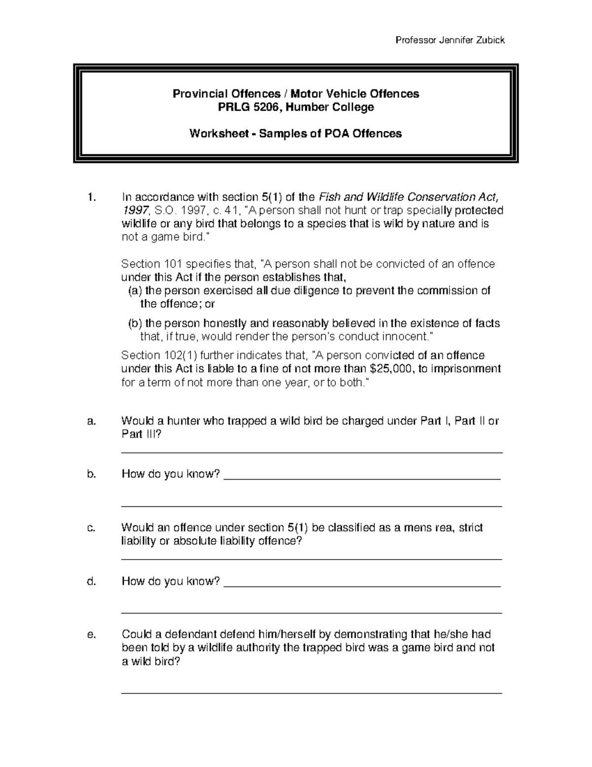 Samples of POA Offences Worksheet - Professor Jennifer Zubick ...