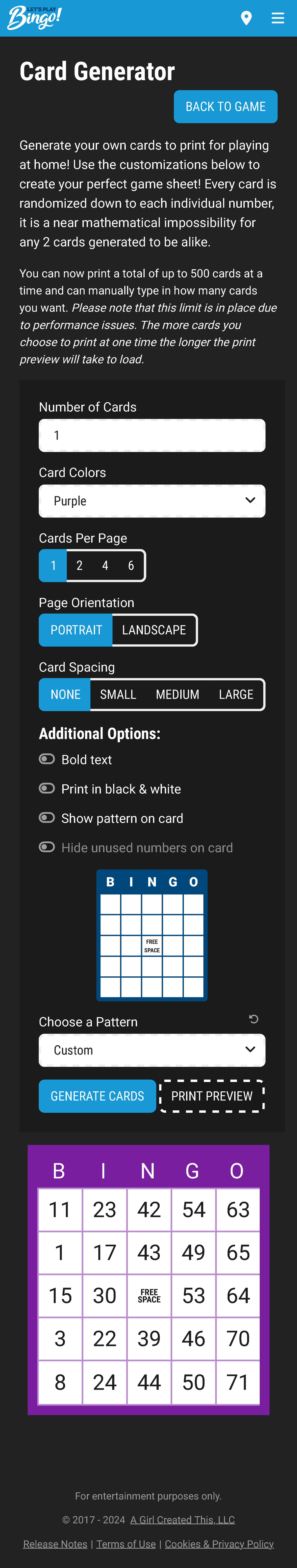 Let's Play Bingo Bingo Card Generator - BACK TO GAME Card Generator ...