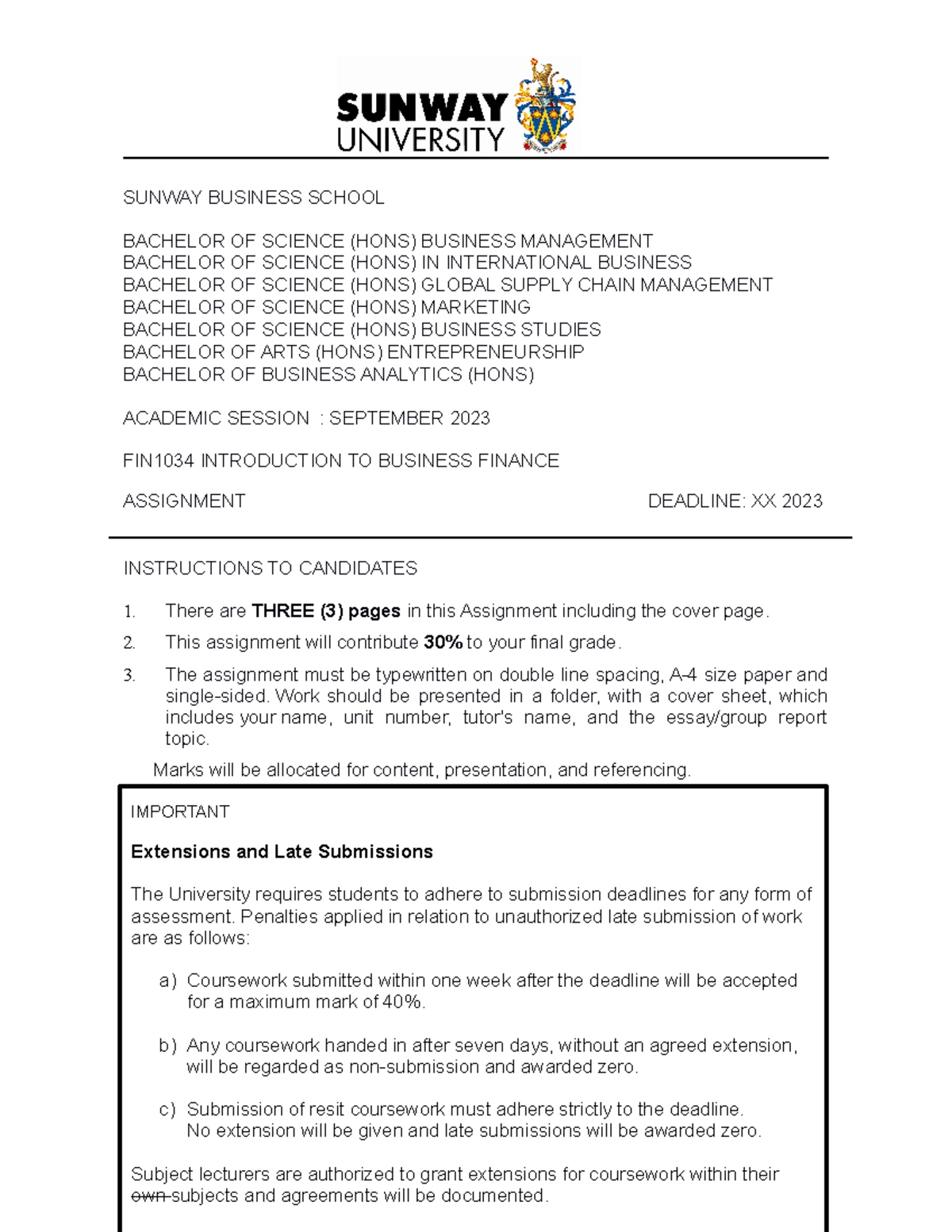 Assignment Question FIN1034 SEPT 2023 feedback 11 Sept 2023 - SUNWAY ...