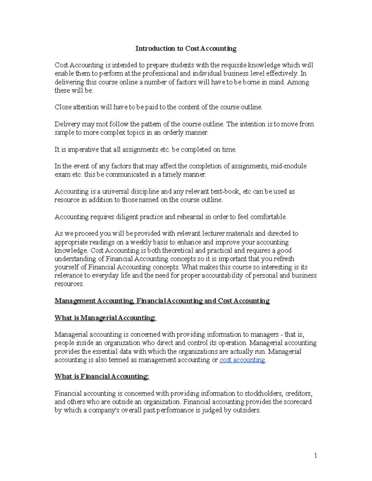 Unit 1 Introduction - lecture notes - Introduction to Cost Accounting ...