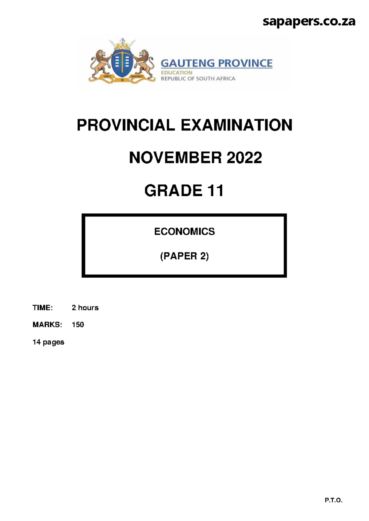 Gr 11 Economics P2 (English) November 2022 Question Paper - PROVINCIAL ...