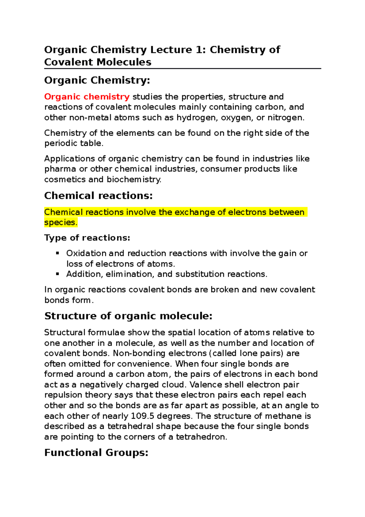 Lecture 1 Organic Chemistry - Organic Chemistry Lecture 1: Chemistry of ...