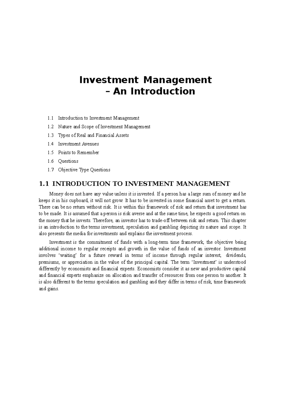 Investment Management Introduction Investment Management An