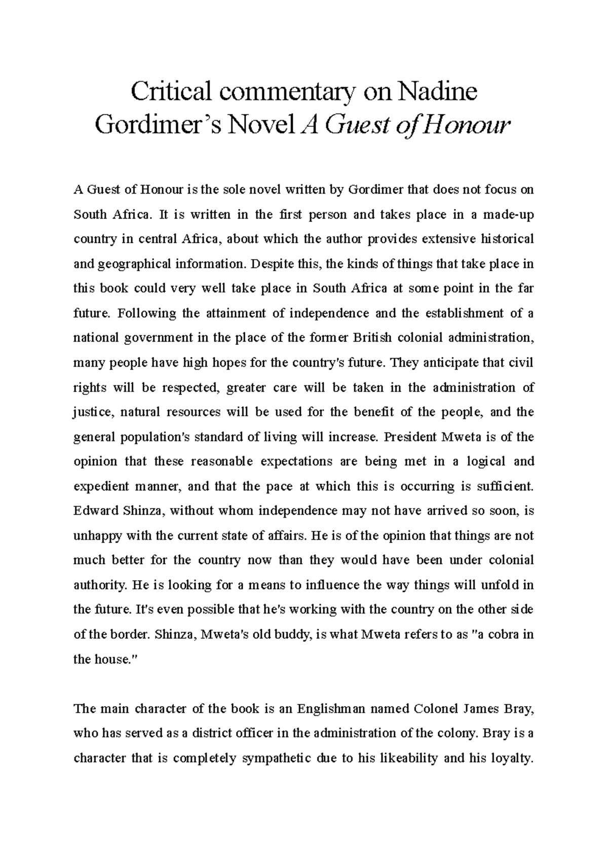 Critical commentary on Nadine Gordimer’s Novel A Guest of Honour - It ...
