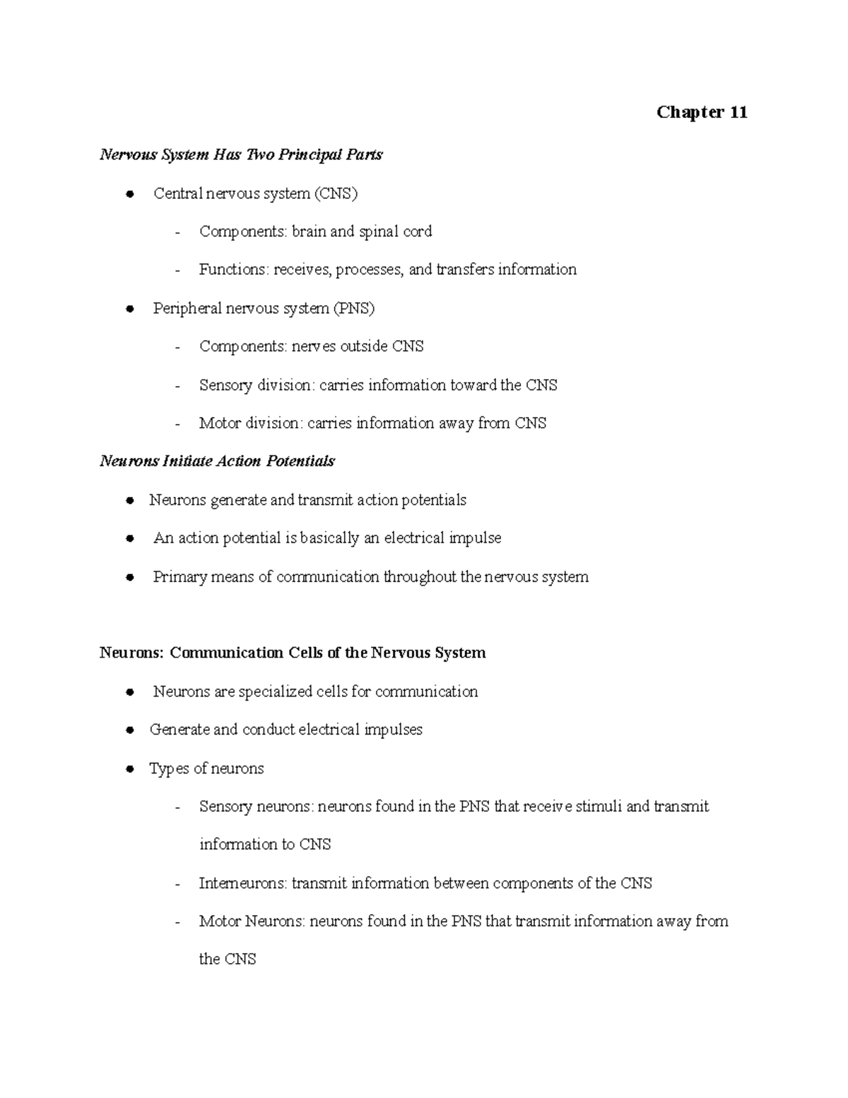 Chapter 11-13-Lecture Notes-Bio-101 - Chapter 11 Nervous System Has Two ...