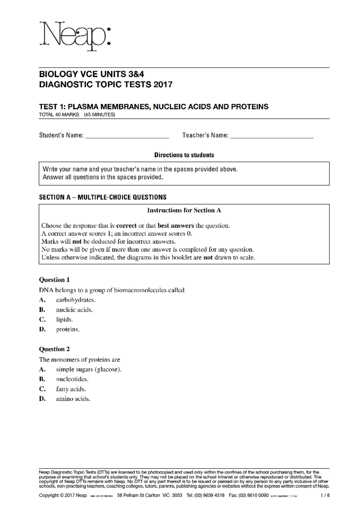 Plasma Membrane Test (short) - Studocu