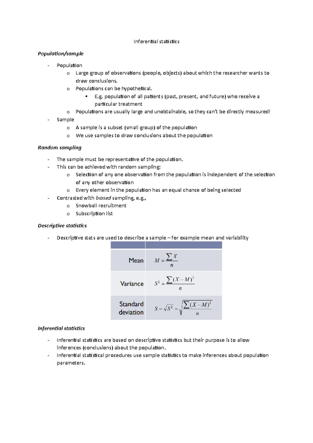 Lecture 1 Inferential statistics - Inferential statistics Population/sample Population o Large ...