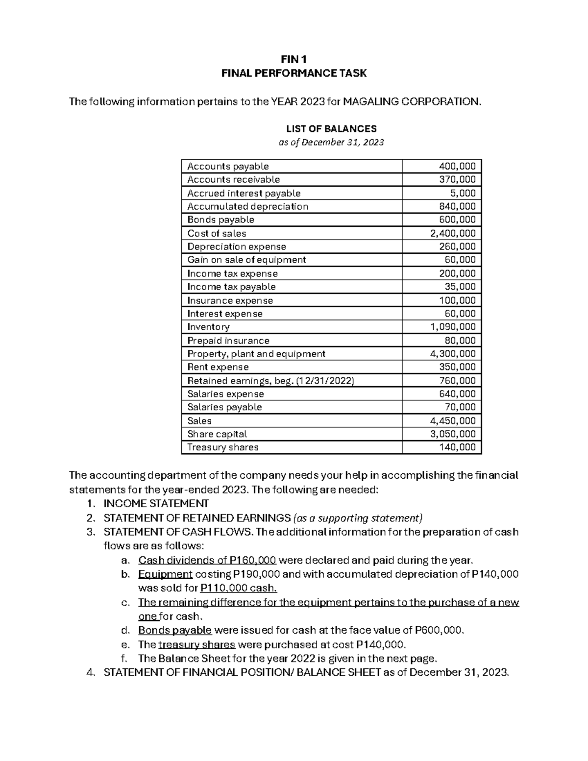 FIN-1 Final- Performance-TASK - FIN 1 FINAL PERFORMANCE TASK The ...