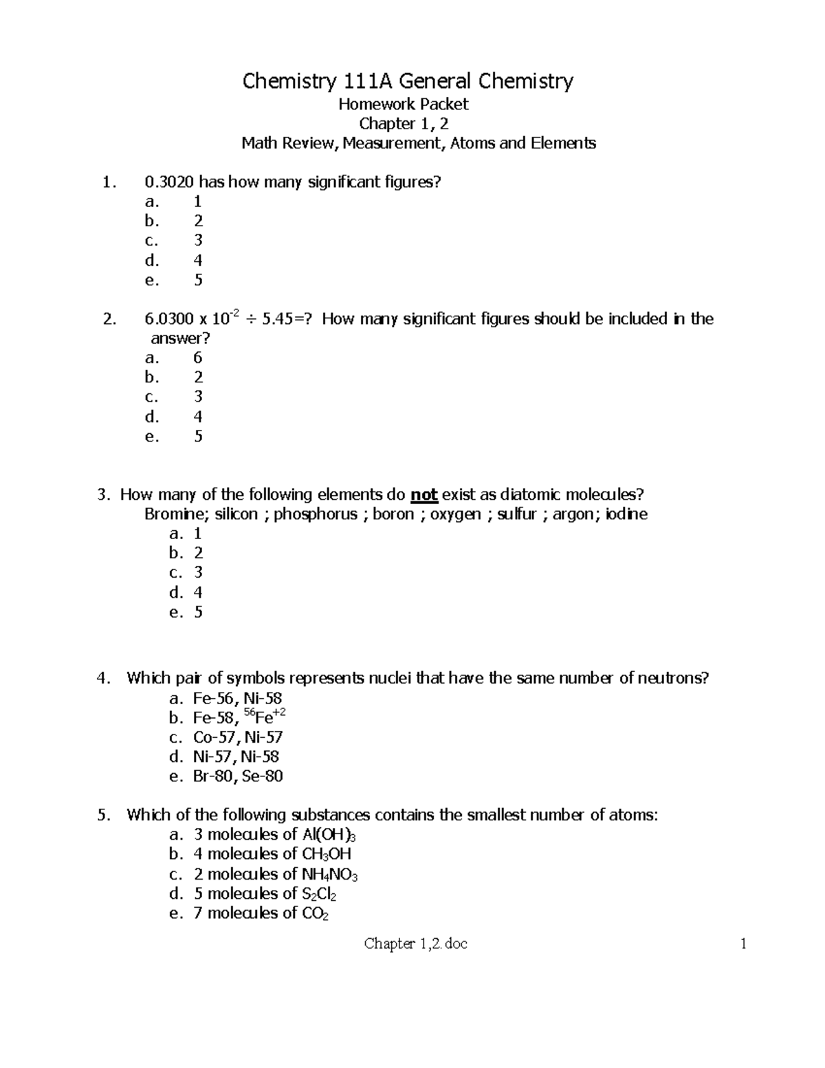 Activity 01-02 - lab - Chemistry 111A General Chemistry Homework Packet ...