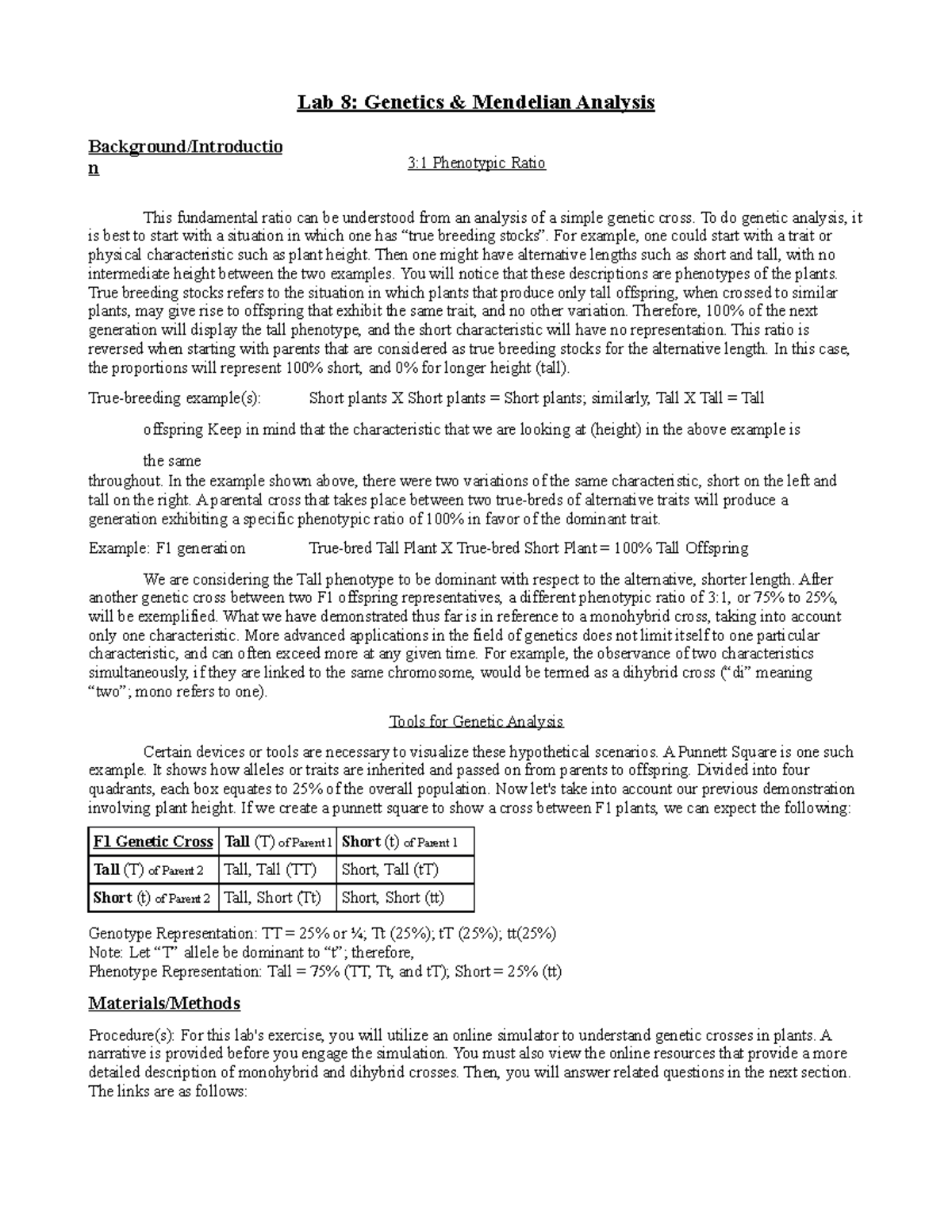 Lab 8 Genetics - Lab 8: Genetics & Mendelian Analysis Background ...