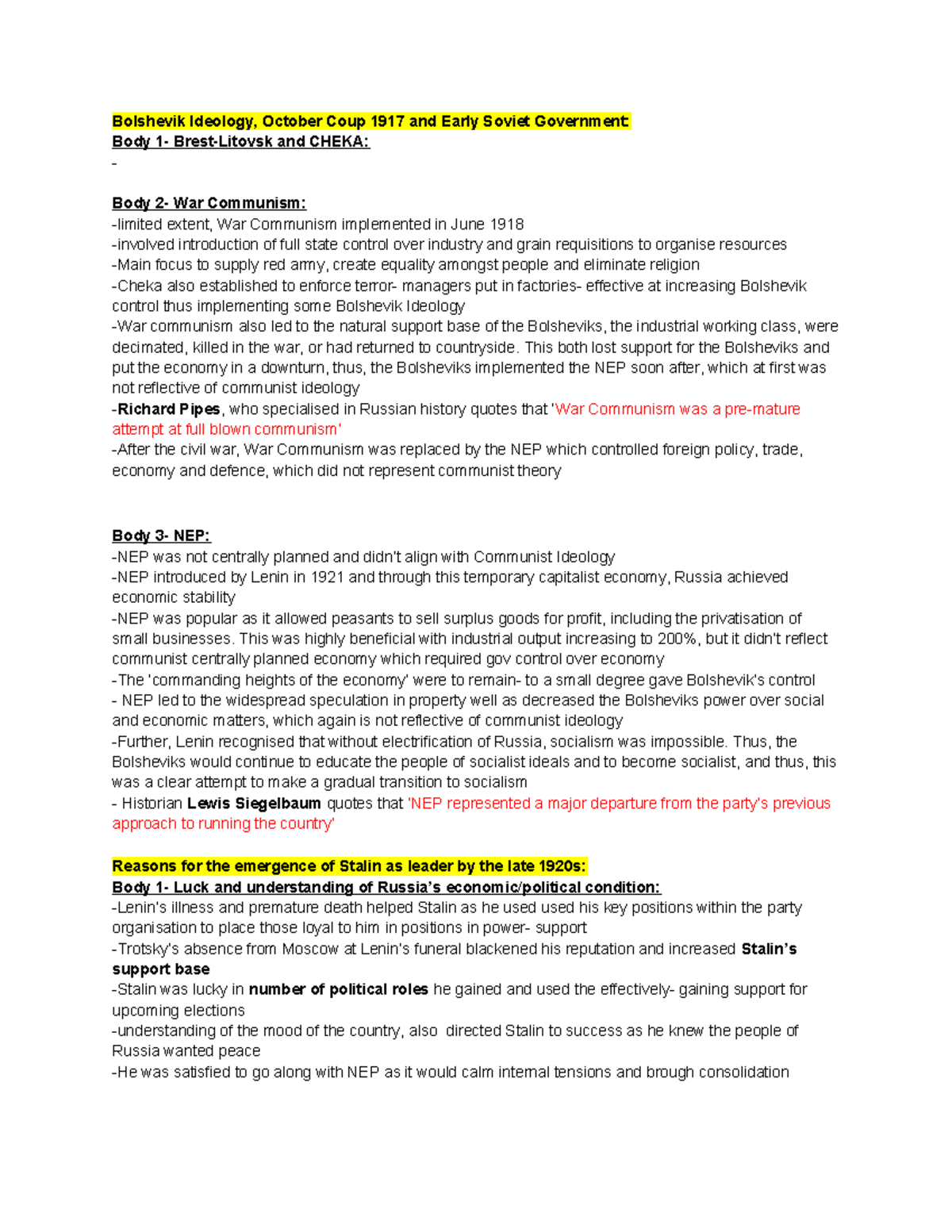 Modern Russia Essay Plans - Bolshevik Ideology, October Coup 1917 and ...