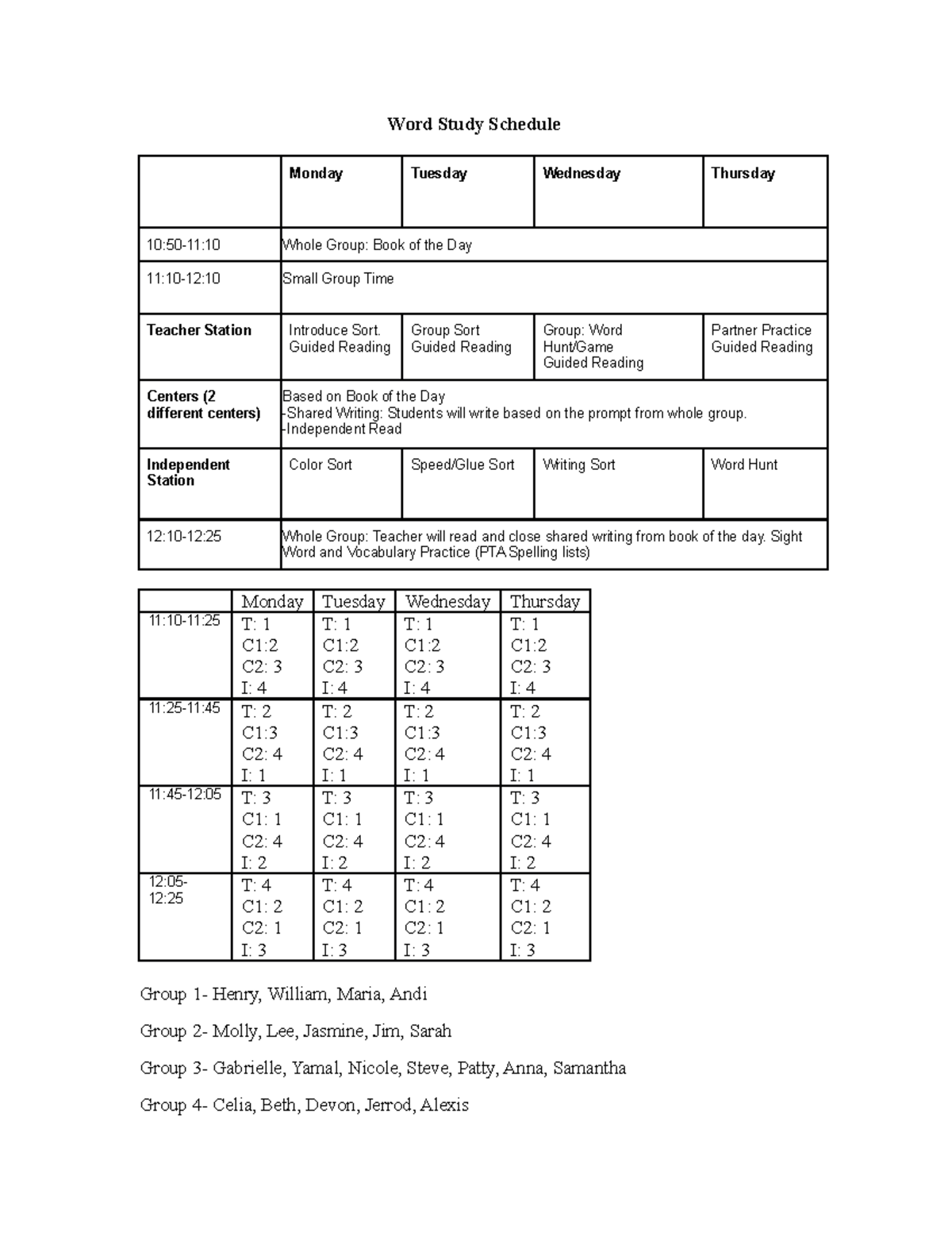 Word Study Schedule - Word Study Schedule Monday Tuesday 10:50-11:10 ...