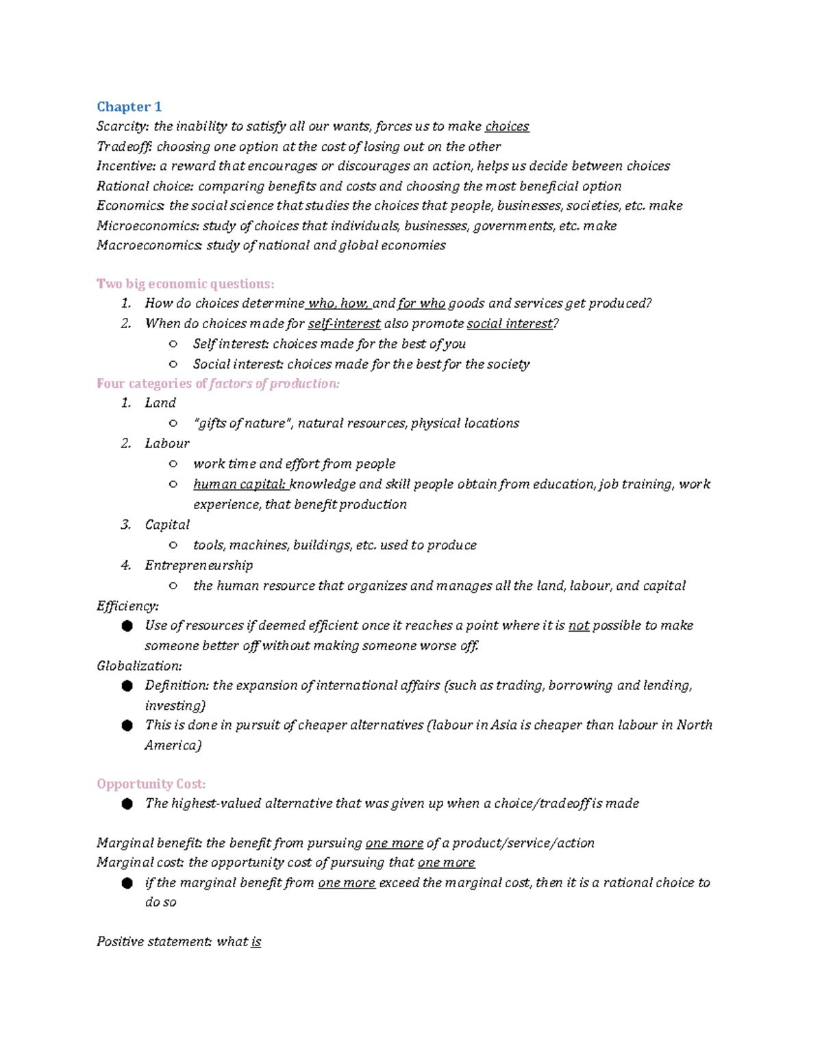 Principles of Micro Chapter 1 Textbook Notes - Chapter 1 Scarcity: the ...