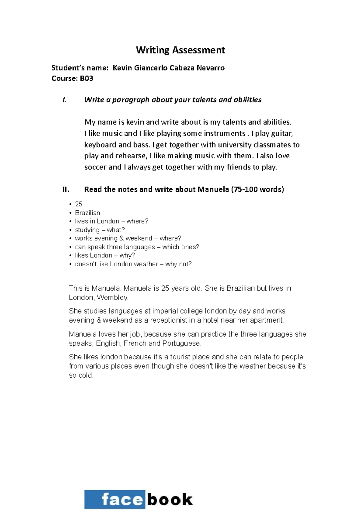 Writing Basic 03 New Life - Kevin Cabeza Navarro - Writing Assessment ...