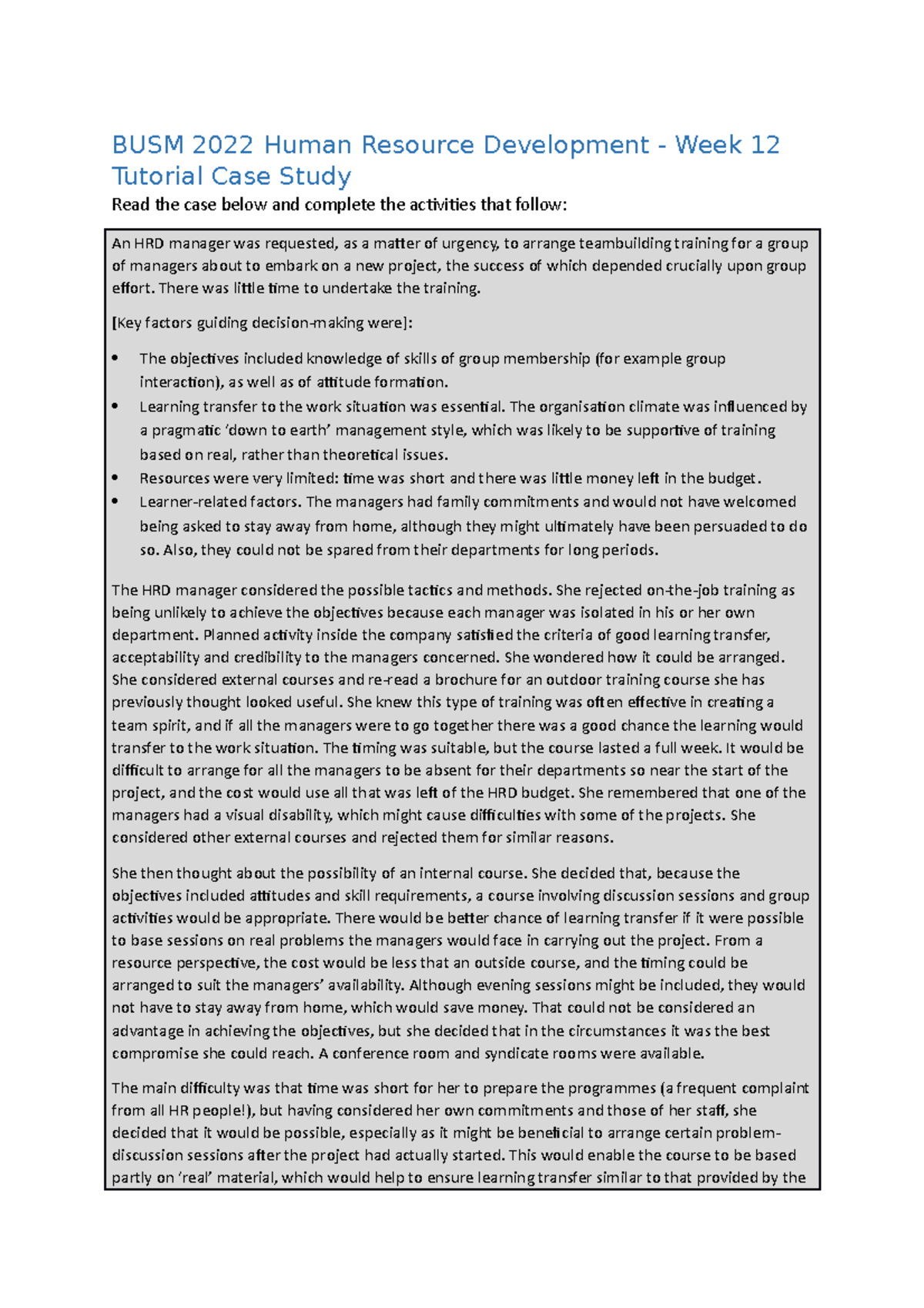 Wk 12 tute work - Week 12 tutorial work in class - BUSM 2022 Human ...