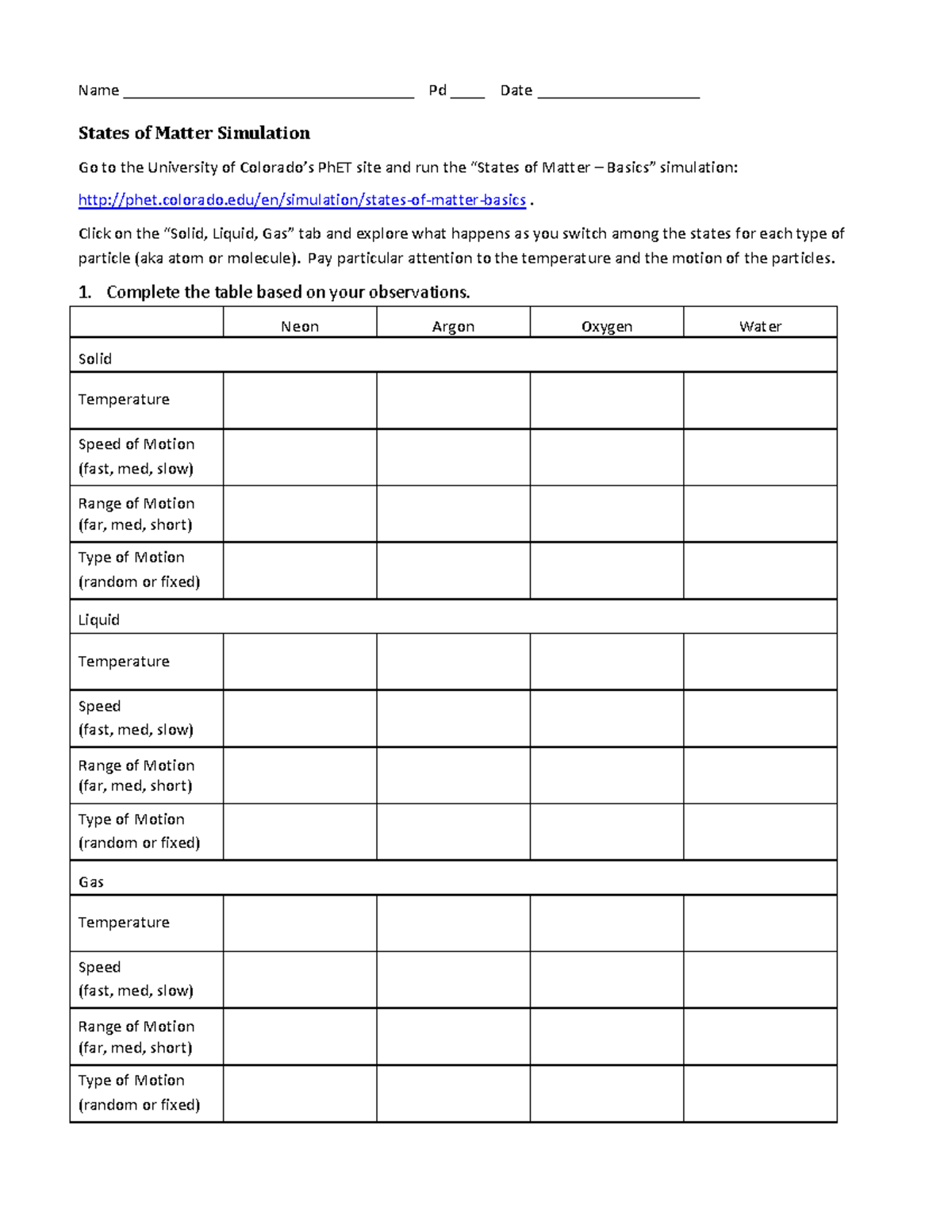 States of Matter Computer Simulation Lab - Name ...