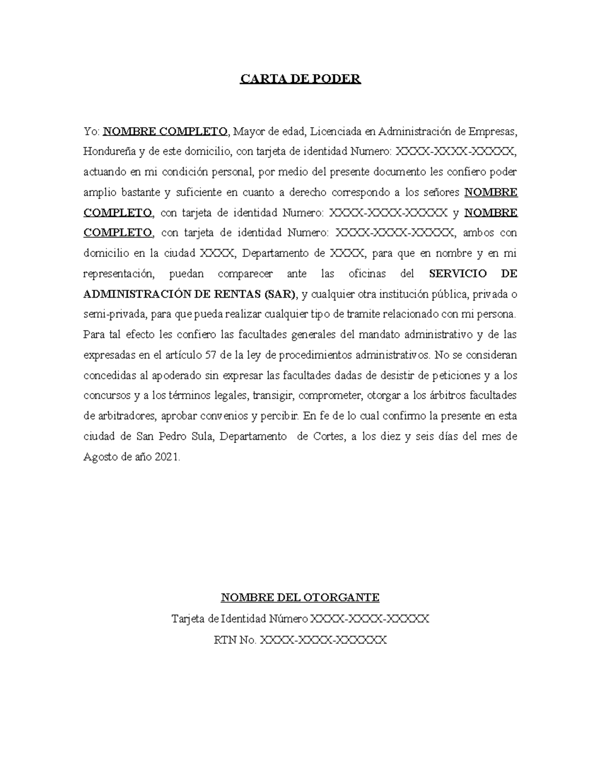 Carta Poder - Documento que sirve para que una persona represente a ...