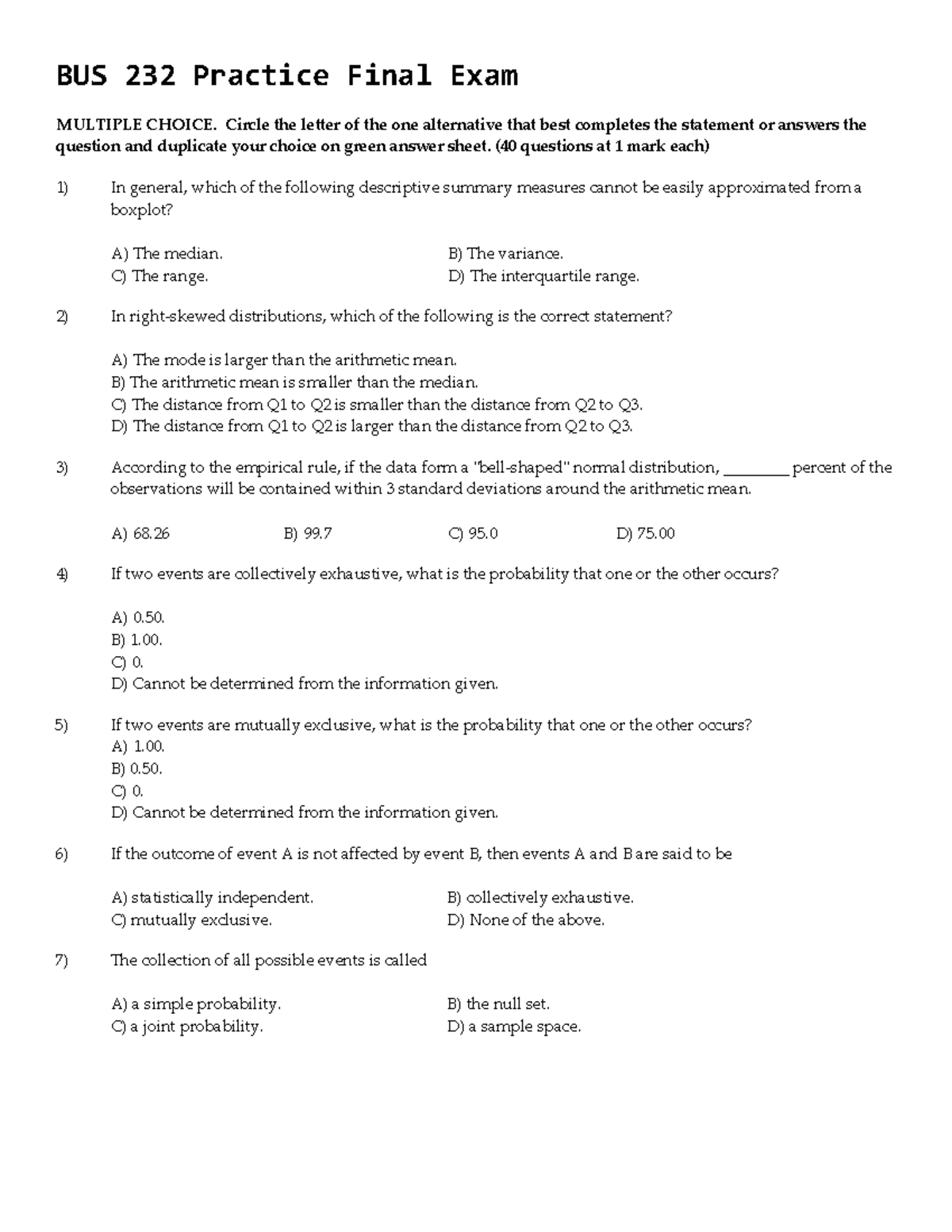 BUS 232 Practice Final - BUS 232 Practice Final Exam MULTIPLE CHOICE ...