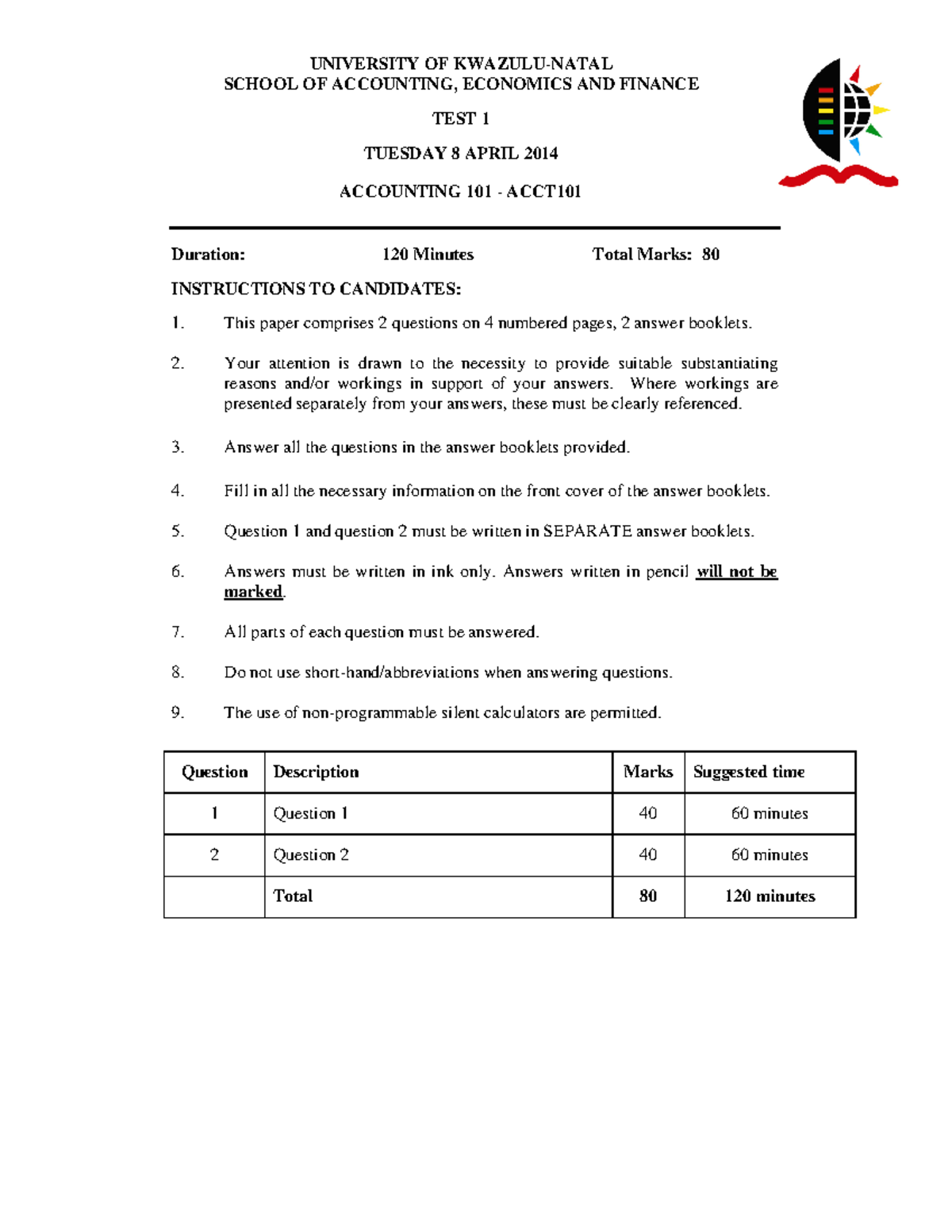 2014 test 1 Question - UNIVERSITY OF KWAZULU-NATAL SCHOOL OF ACCOUNTING ...
