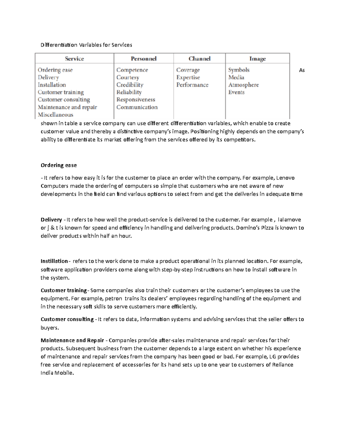 Differentiation Variables for Services - Differentiation Variables for ...