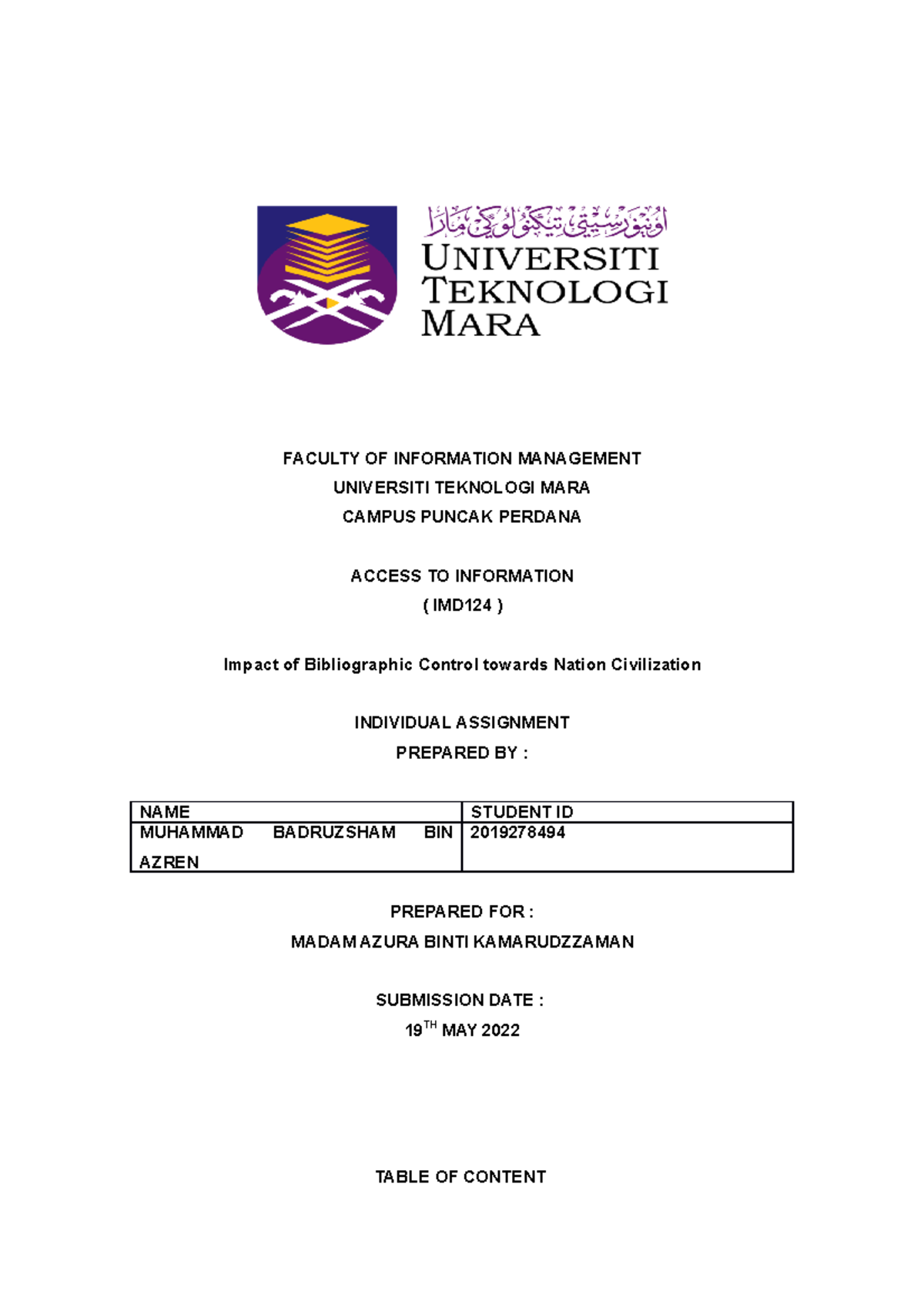 Muhammad Badruzsham BIN Azren ( 2019 278494 ) IMD124 - FACULTY OF ...