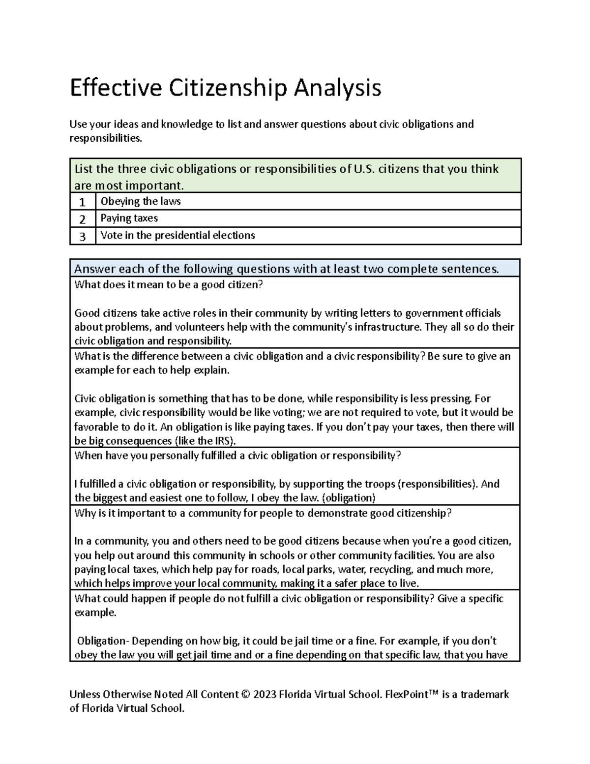 1.06 effective citizenship analysis - Effective Citizenship Analysis Use your ideas and ...