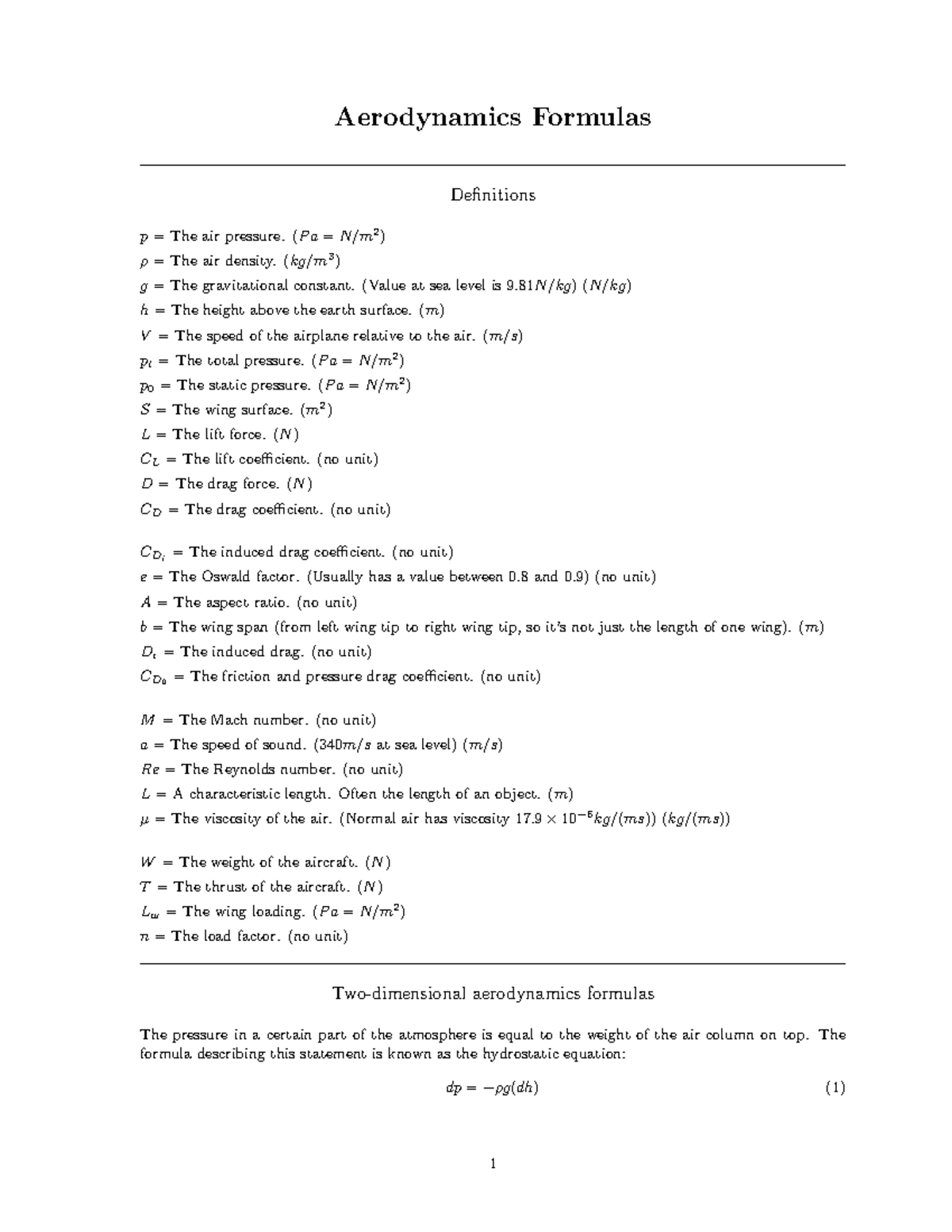 Aerodynamics and aircraft limits - Aerodynamics Formulas Definitions p ...