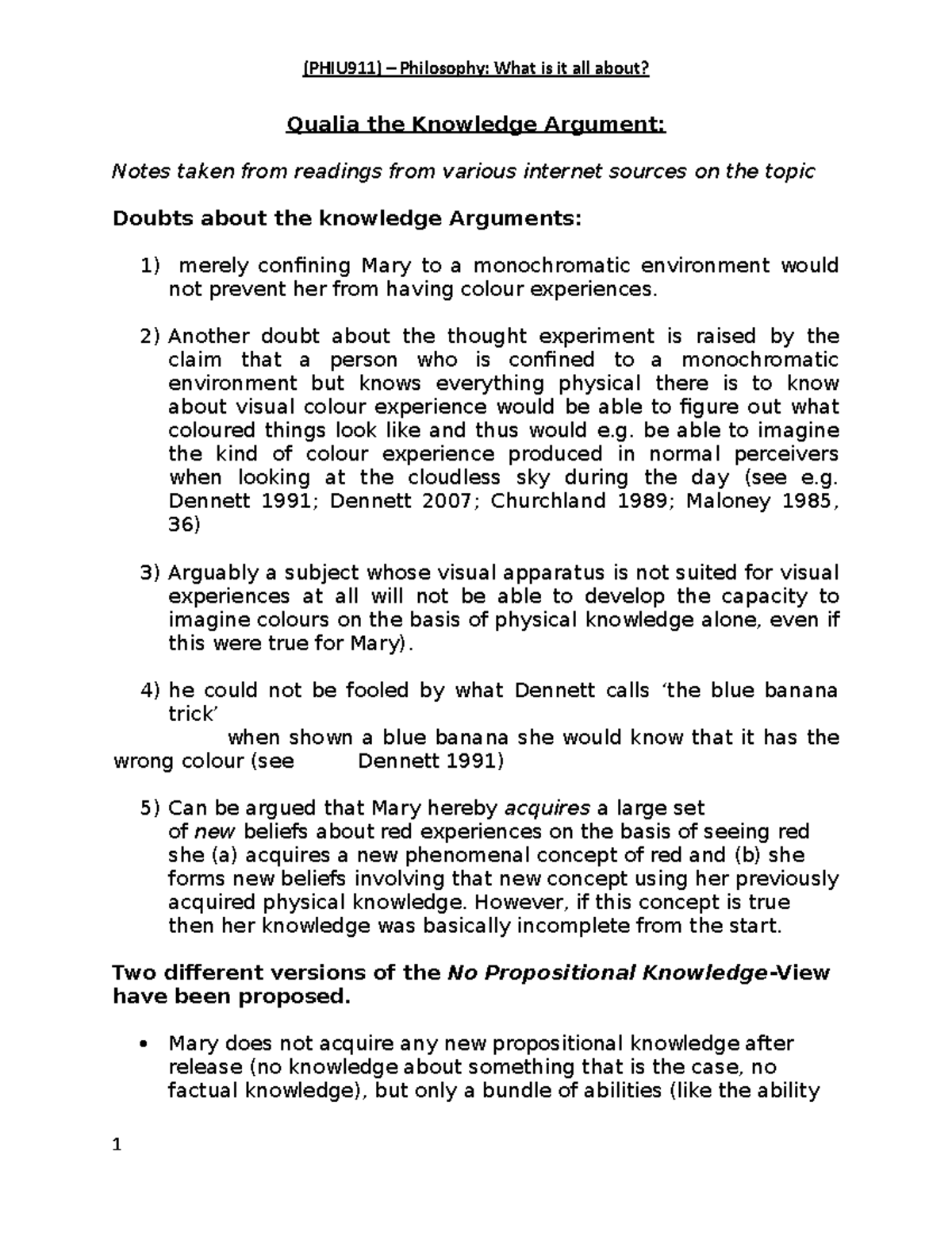 Qualia the Knowledge Argument - Qualia the Knowledge Argument: Notes ...