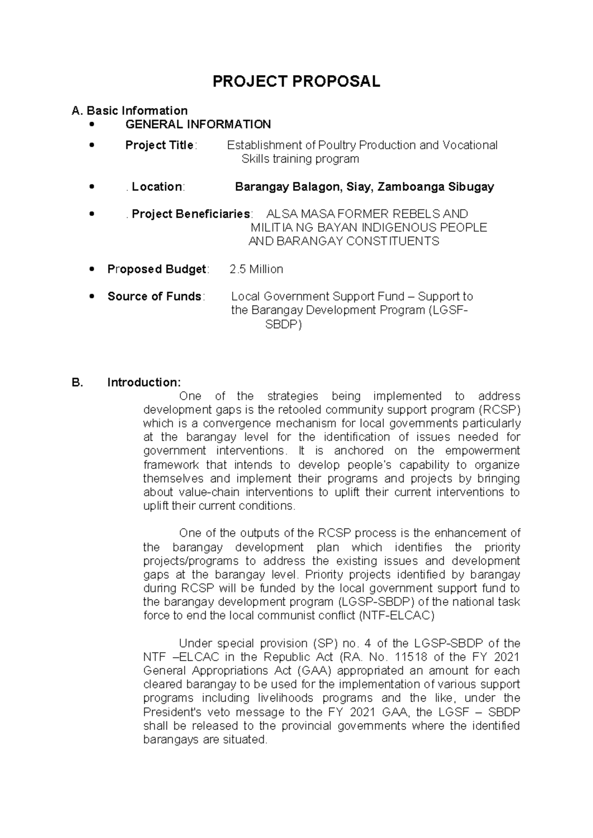 Poultry Production Proposal Balagon - PROJECT PROPOSAL A. Basic ...