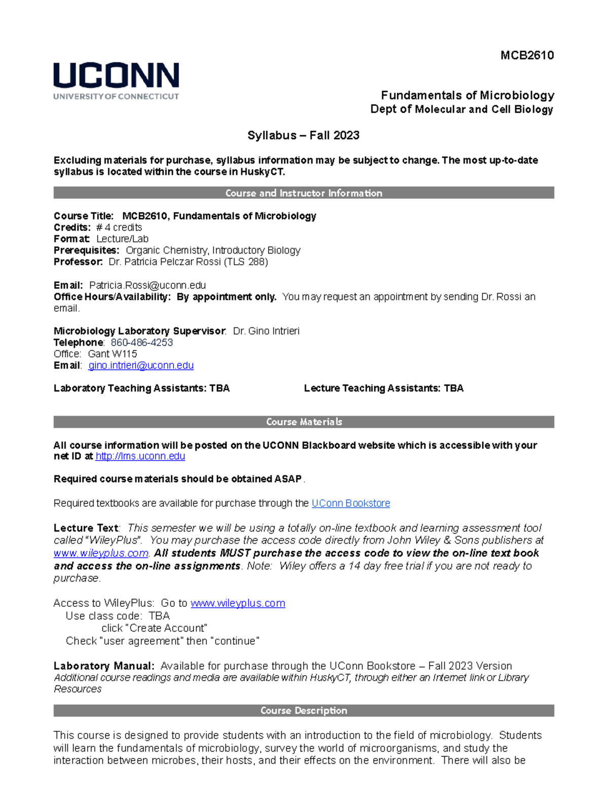 Syllabus Fall 2023 - MCB Fundamentals of Microbiology Dept of Molecular ...