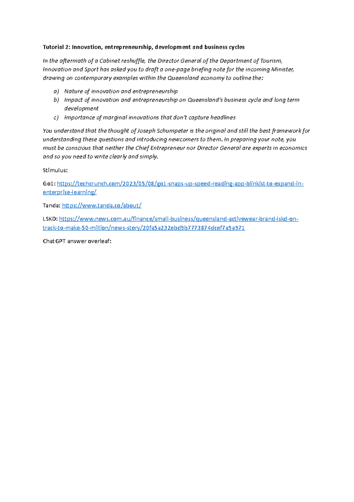 Tutorial 2 - Tutorial 2: Innovation, entrepreneurship, development and ...